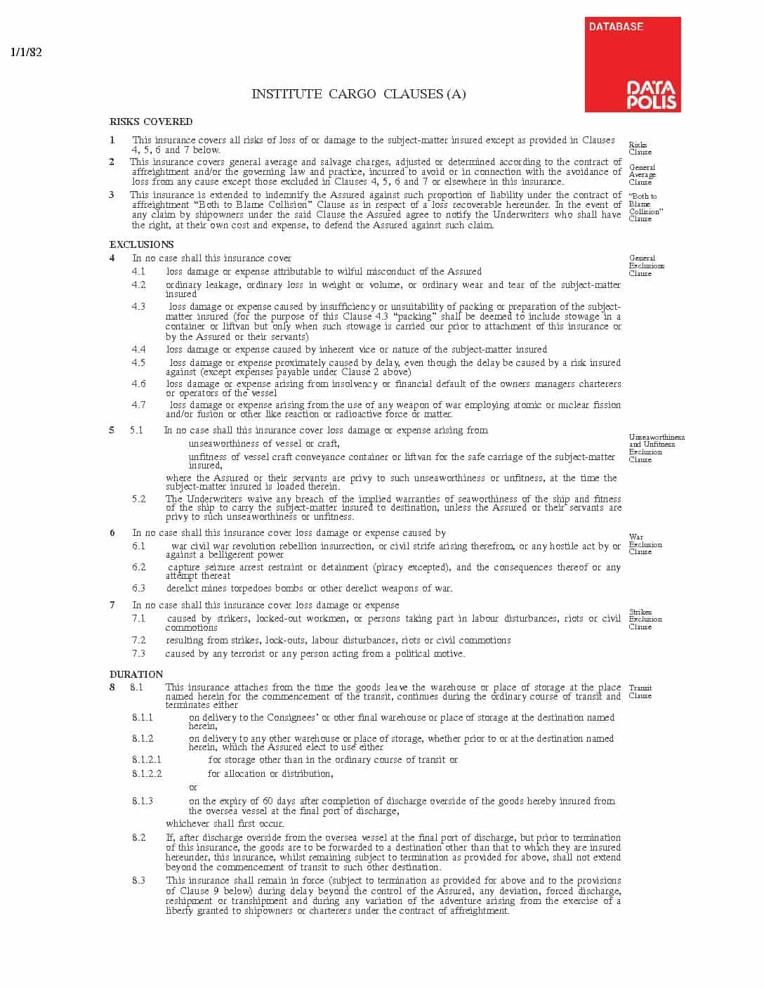 Institute Cargo Clauses (A) – 1-1-82 – Cl. 252 - Data Polis