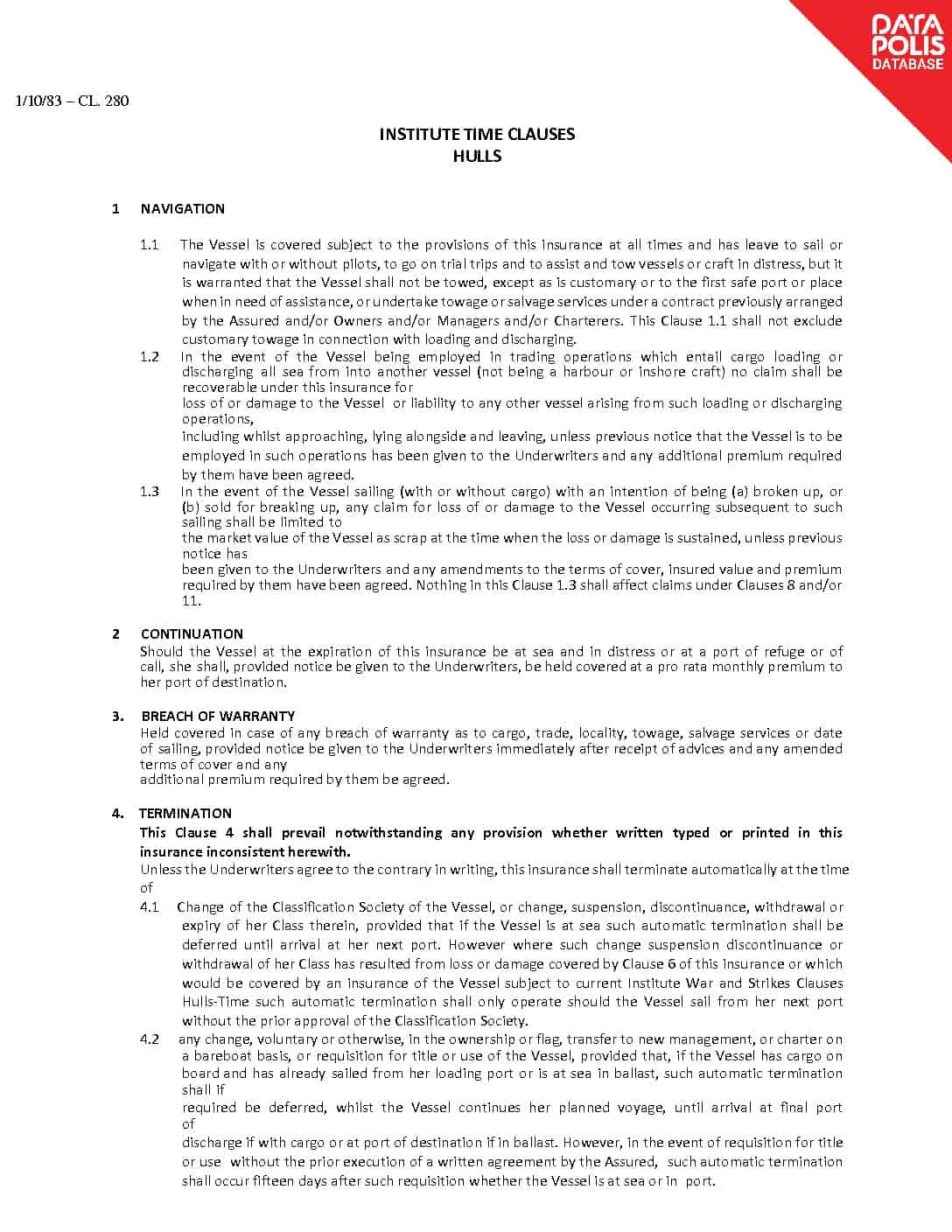 Institute Time Clauses – Hulls – 1-10-83 – CL. 280 - Data Polis