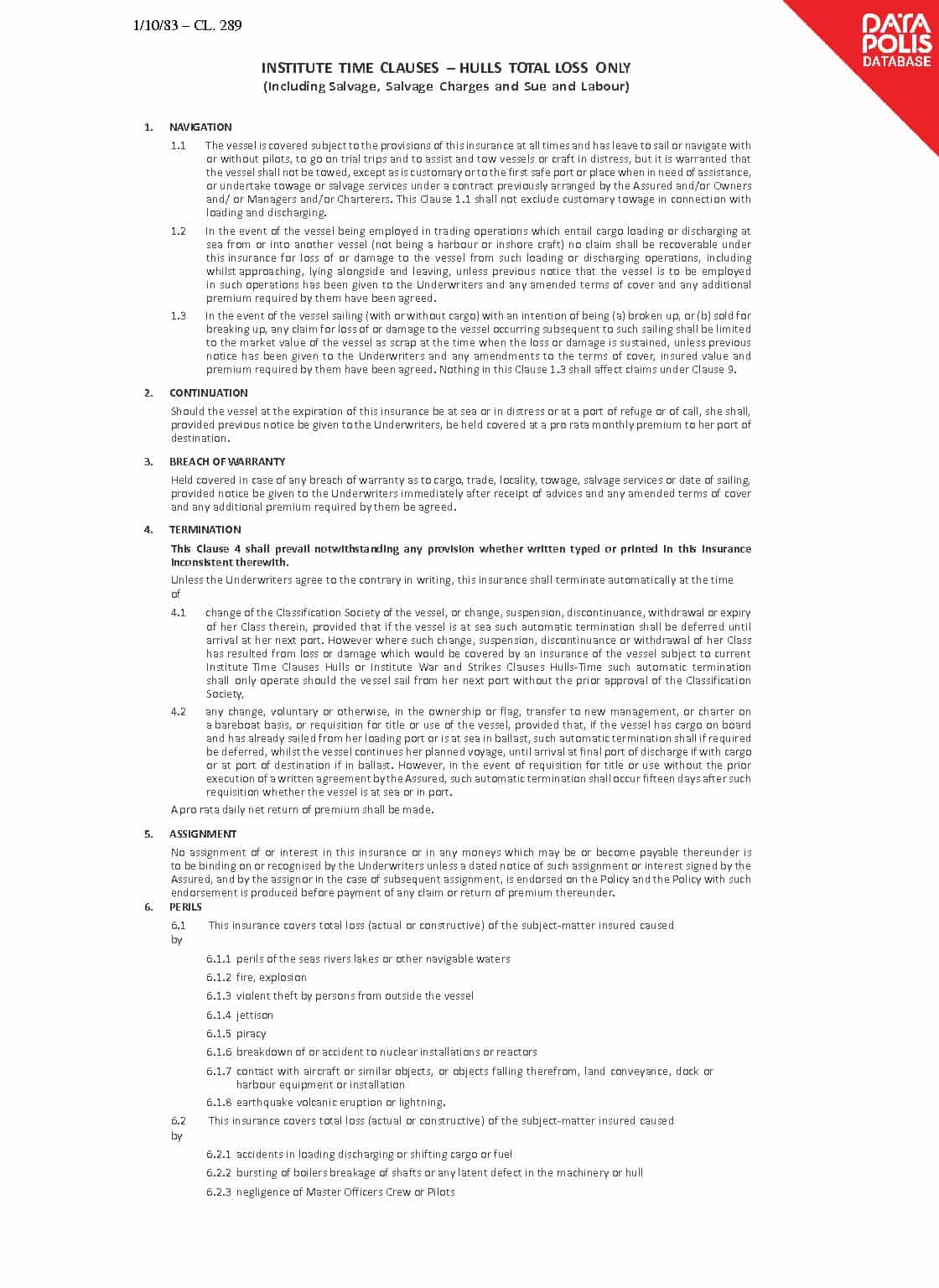 Institute Time Clauses – Hulls Total Loss Only – 1-10-83 – Cl. 289 ...
