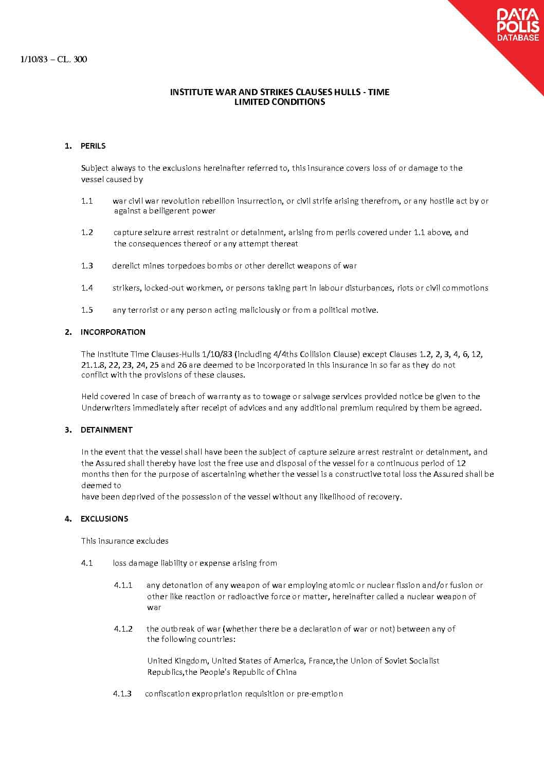 Institute War and Strikes Clauses Hulls – Time Limited Conditions – 1 ...